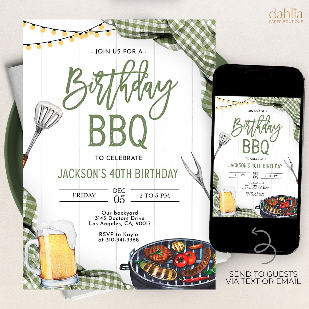 BBQ Birthday Invitation, EDITABLE Green Gingham Backyard Party Template ...
