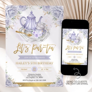 High Tea Party Birthday Invitation, EDITABLE Lilac Purple and Gold Par ...