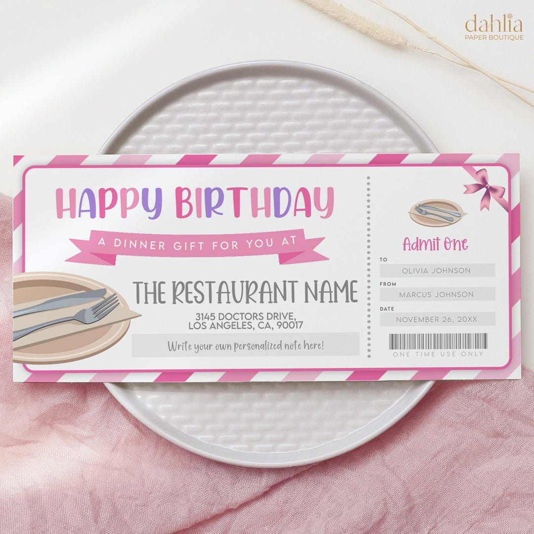 Restaurant Gift Voucher Template, Surprise Birthday Dinner Date Gift ...