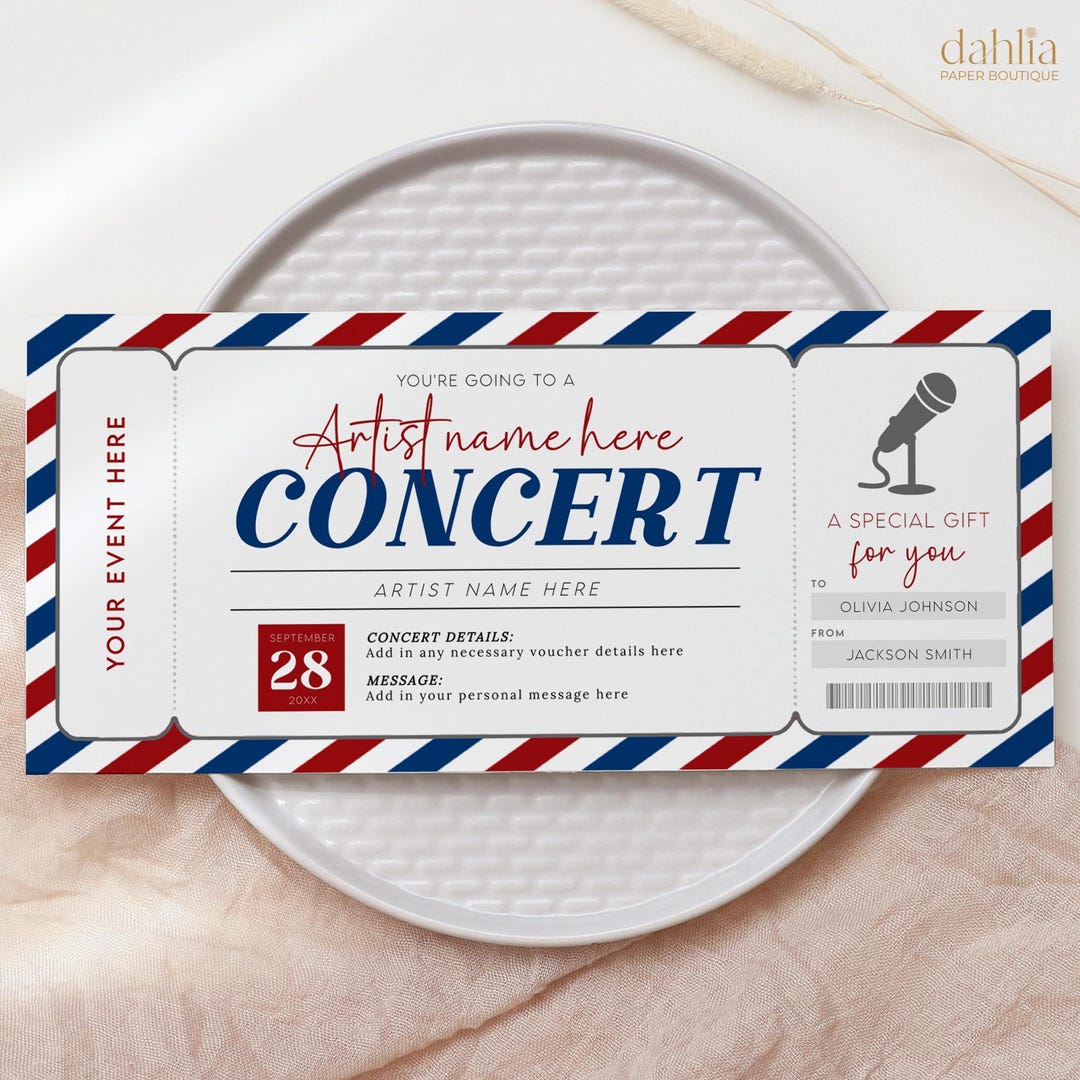 Concert Ticket Gift Voucher, Editable Surprise Coupon Ticket, Musical ...