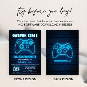 EDITABLE Video Game Party Invitation, Gamer Birthday Invite, Blue Glow ...