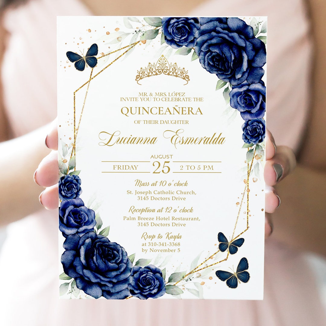 Invitación de quinceañera azul marino y dorado, plantilla EDITABLE de ...