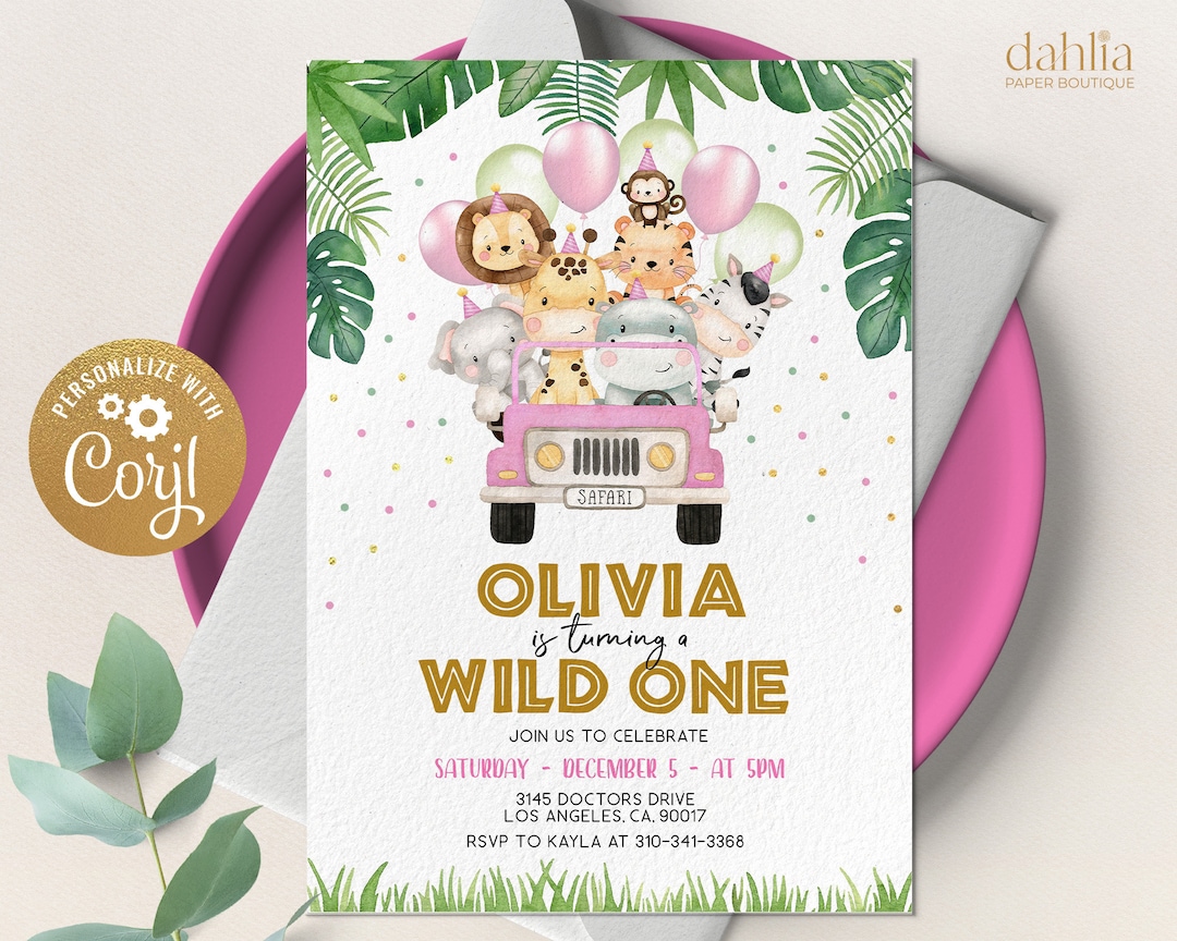 Wild One Birthday Girl Invitation, EDITABLE Safari Animals Party Invite ...