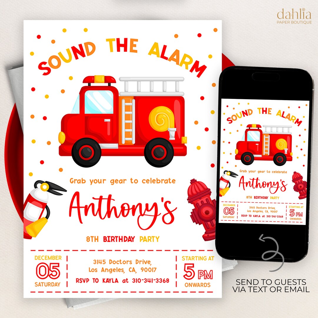 Fire Truck Birthday Invitation, EDITABLE Fireman Party Invitation ...