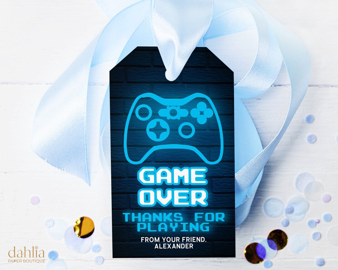 EDITABLE Video Game Birthday Gift Tag, Gamer Party Favor Template, Blue ...
