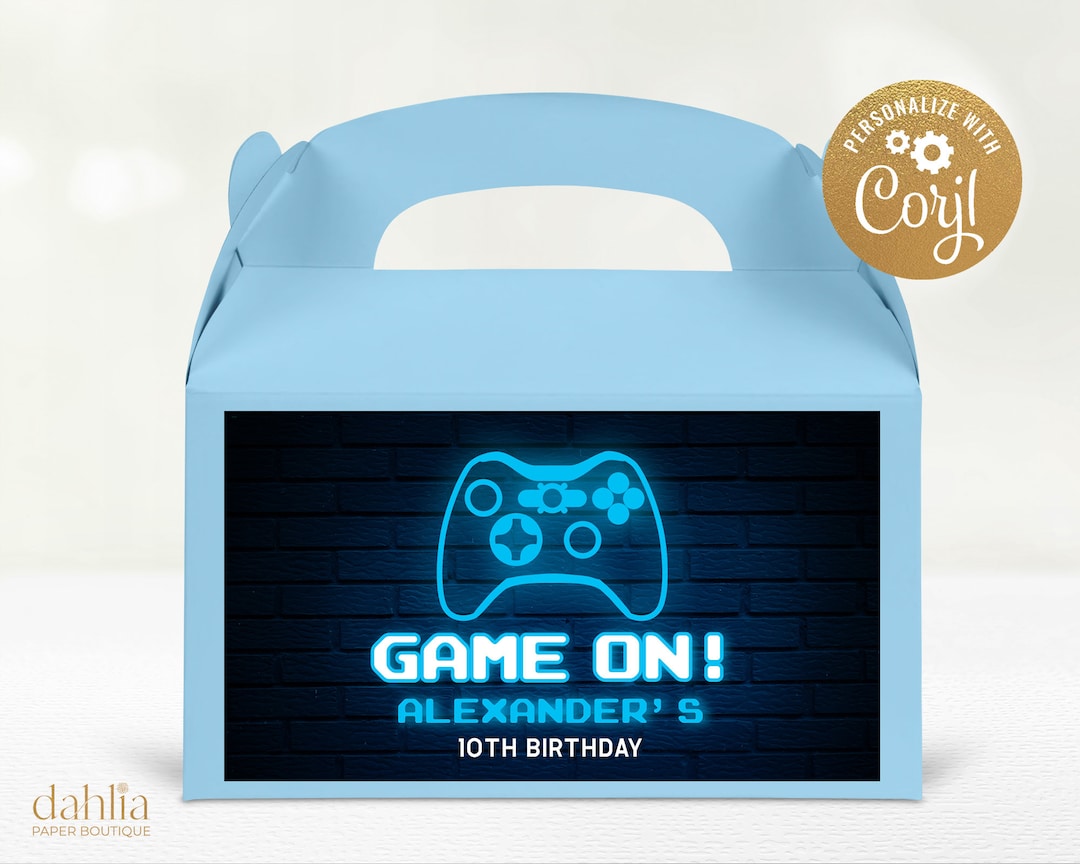 Video Game Gable Box Label Template, Editable Gamer Party Sticker, Blue ...