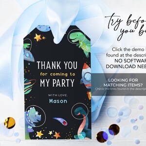 EDITABLE Space Dinosaur Birthday Thank You for Coming Gift Tag, Galaxy ...