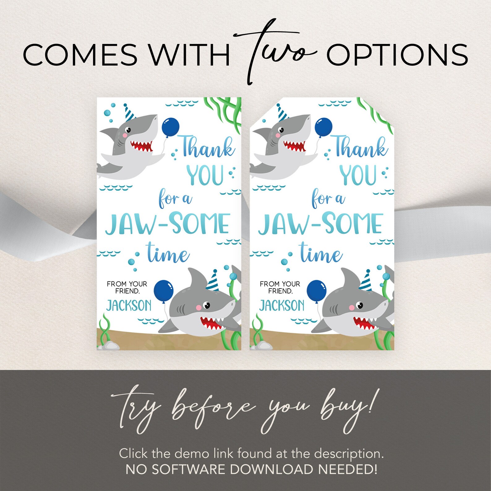 Shark Party Favor Thank You Tag Editable Template, Shark Birthday Party ...