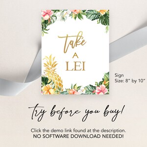 Take A Lei Table Sign, EDITABLE Hawaiian Pineapple Party Template ...