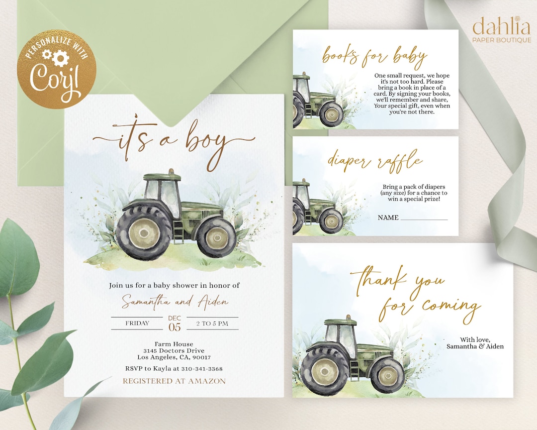 EDITABLE Green Tractor Baby Shower Invitation Set, Ranch Farm Baby ...