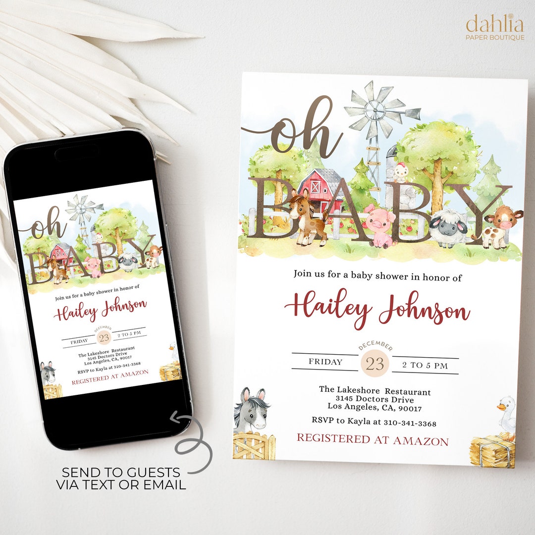 Farm Animals Baby Shower Invitation, EDITABLE Barn Animals Baby ...