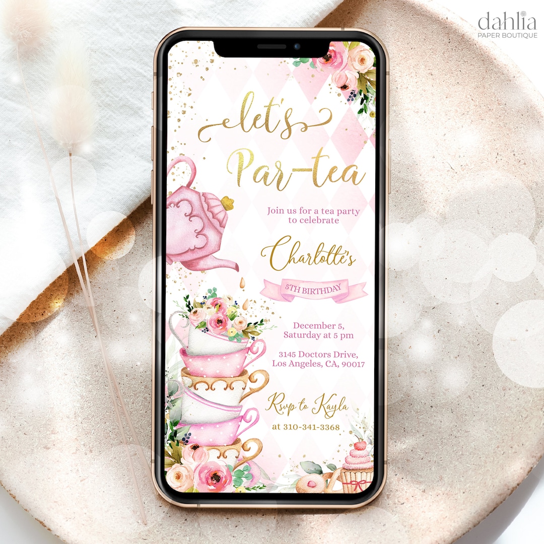 Tea Party Birthday Digital Invitation, EDITABLE Pink and Gold Par-tea ...
