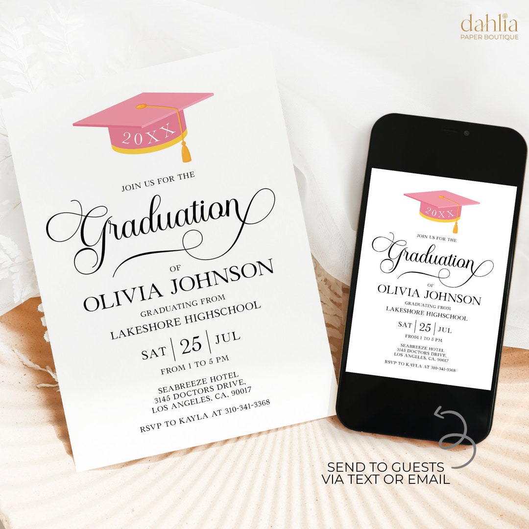 Graduation Party Invitation Template Editable, Pink Graduation ...