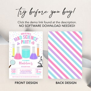 EDITABLE Mad Science Birthday Invitation Girl Science Party - Etsy
