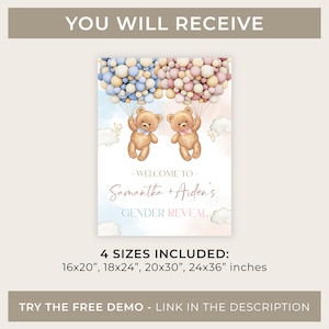 EDITABLE Teddy Bears Gender Reveal Welcome Sign, Baby Boy or Girl Party Decor Template, He or ...