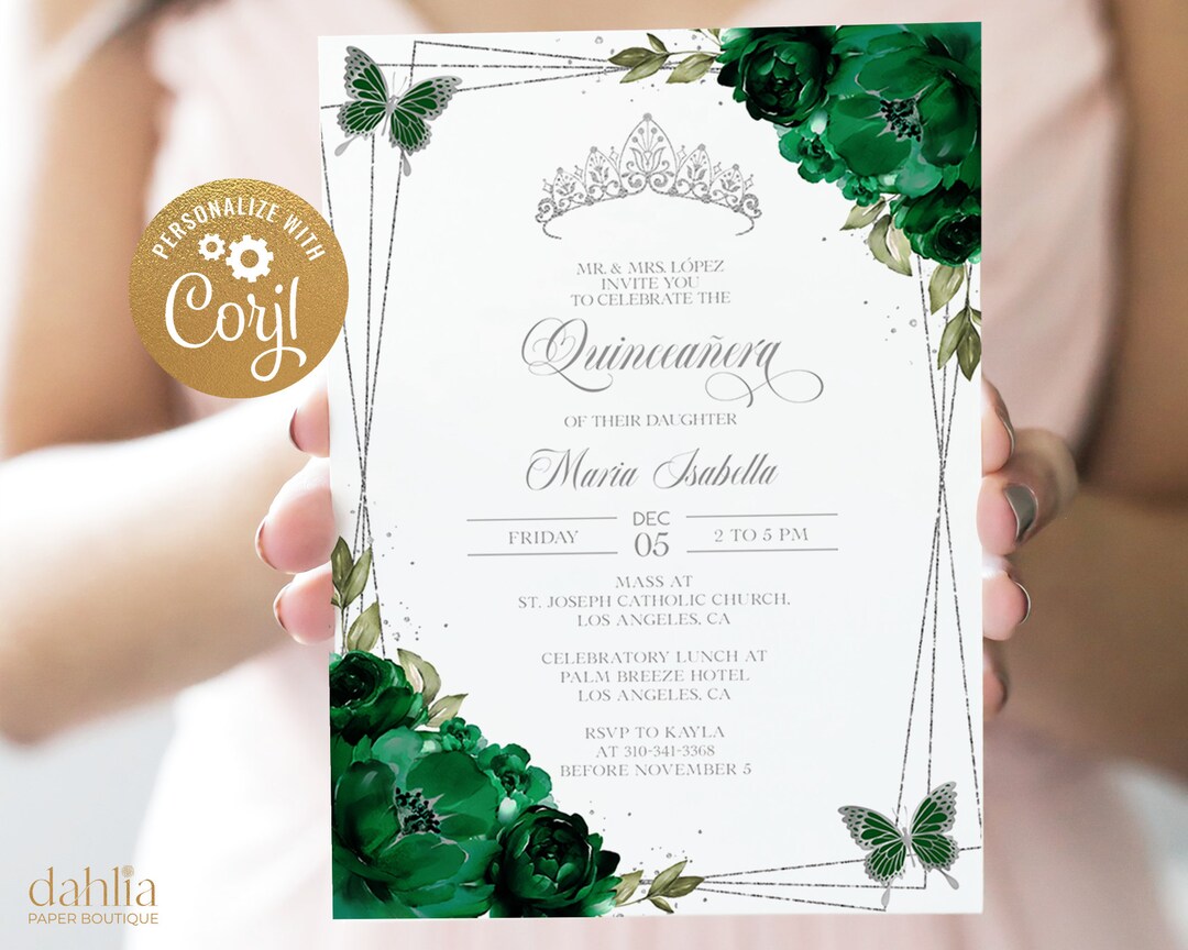 Emerald Green and Silver Quinceañera Invitation, EDITABLE Tiara Party ...