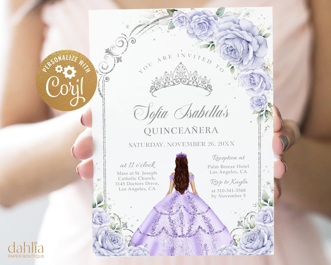 Lilac Purple and Silver Arch Quinceañera Invitation, EDITABLE Tiara ...