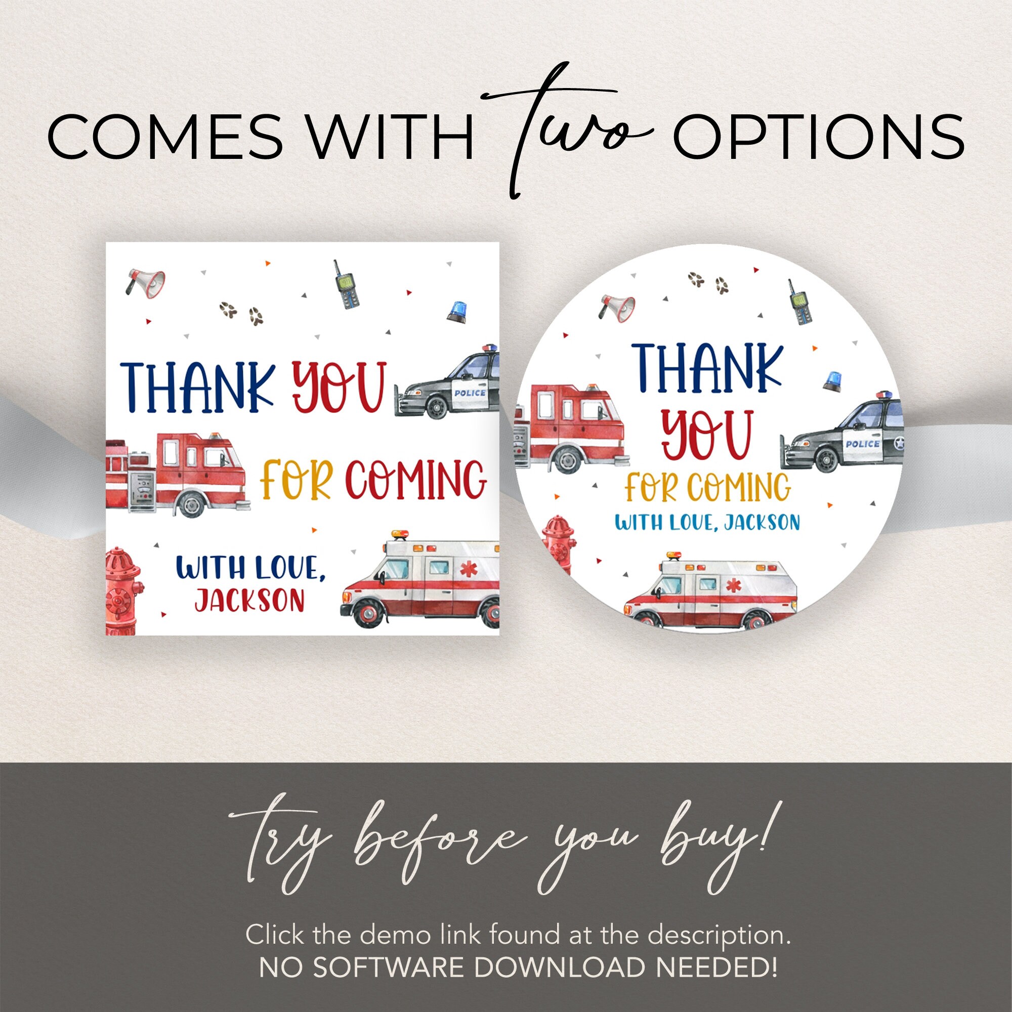 Emergency Vehicles Thank You Gift Tag, EDITABLE Firefighter Birthday ...