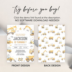 Modern Construction Birthday Invitation, EDITABLE Dump Trucks Party ...