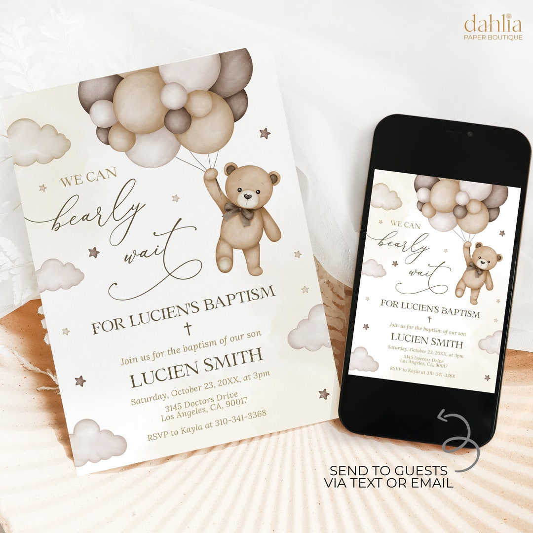 Teddy Bear Baptism Invitation, Editable Naming Day Invite, Personalised ...