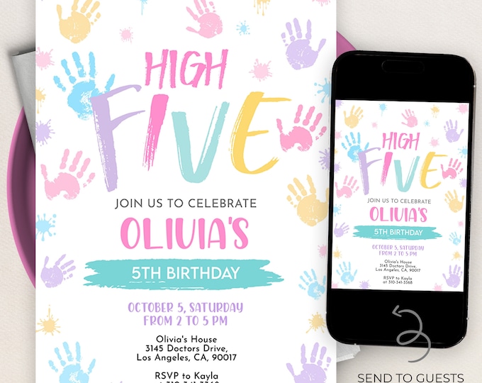 Hi Five 5th Birthday Invitation · Modern Party · High Five · Hand ...