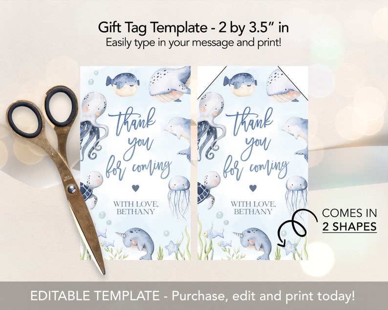 Thank You for Coming Gift Tag, Under the Sea Baby Shower, Editable ...