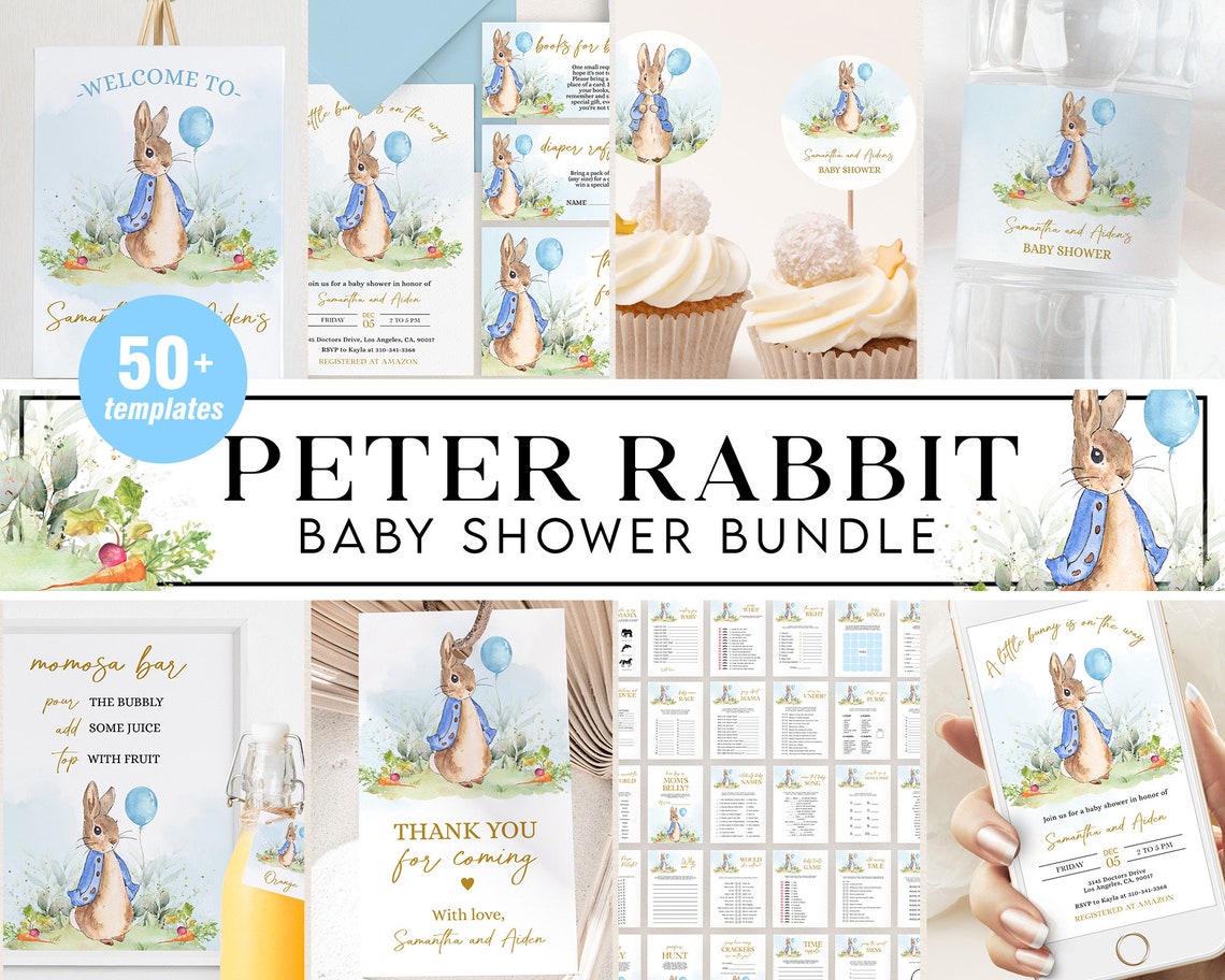 Peter Rabbit Baby Shower Bundle EDITABLE Rustic Bunny - Etsy