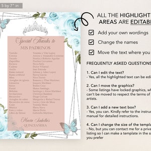 Sky Blue and Silver Quinceañera Mis Padrinos List EDITABLE - Etsy