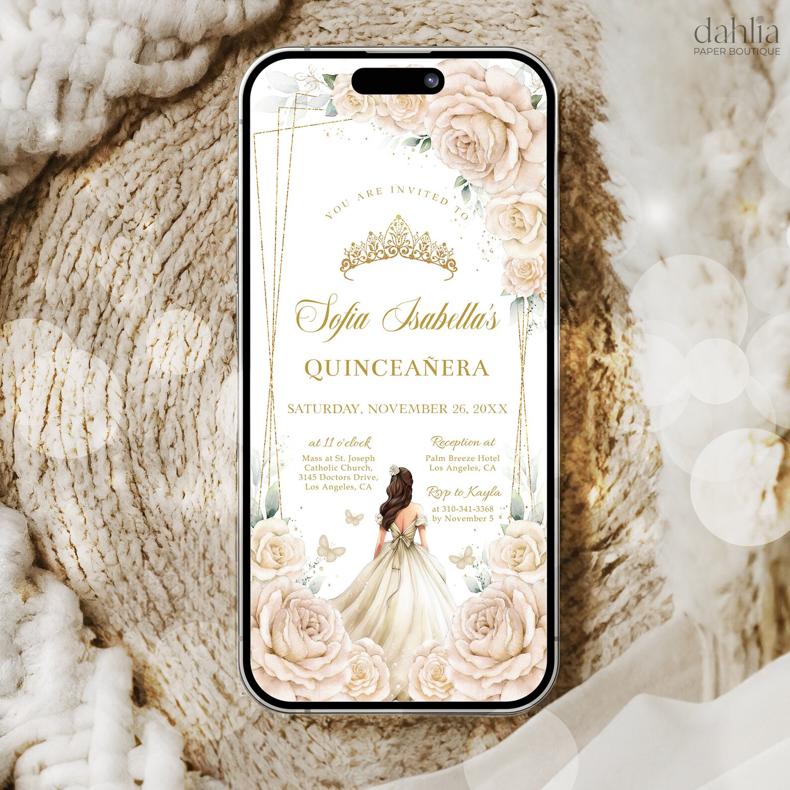 Champagne Creme and Gold Quinceañera Digital Invitation, EDITABLE ...
