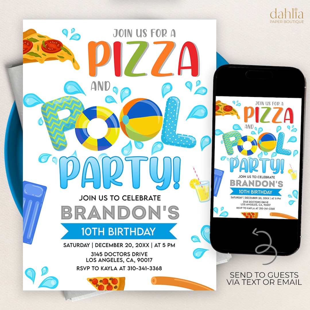 Pizza Pool Party Invitation, EDITABLE Swimming Party Invite, Tropical ...