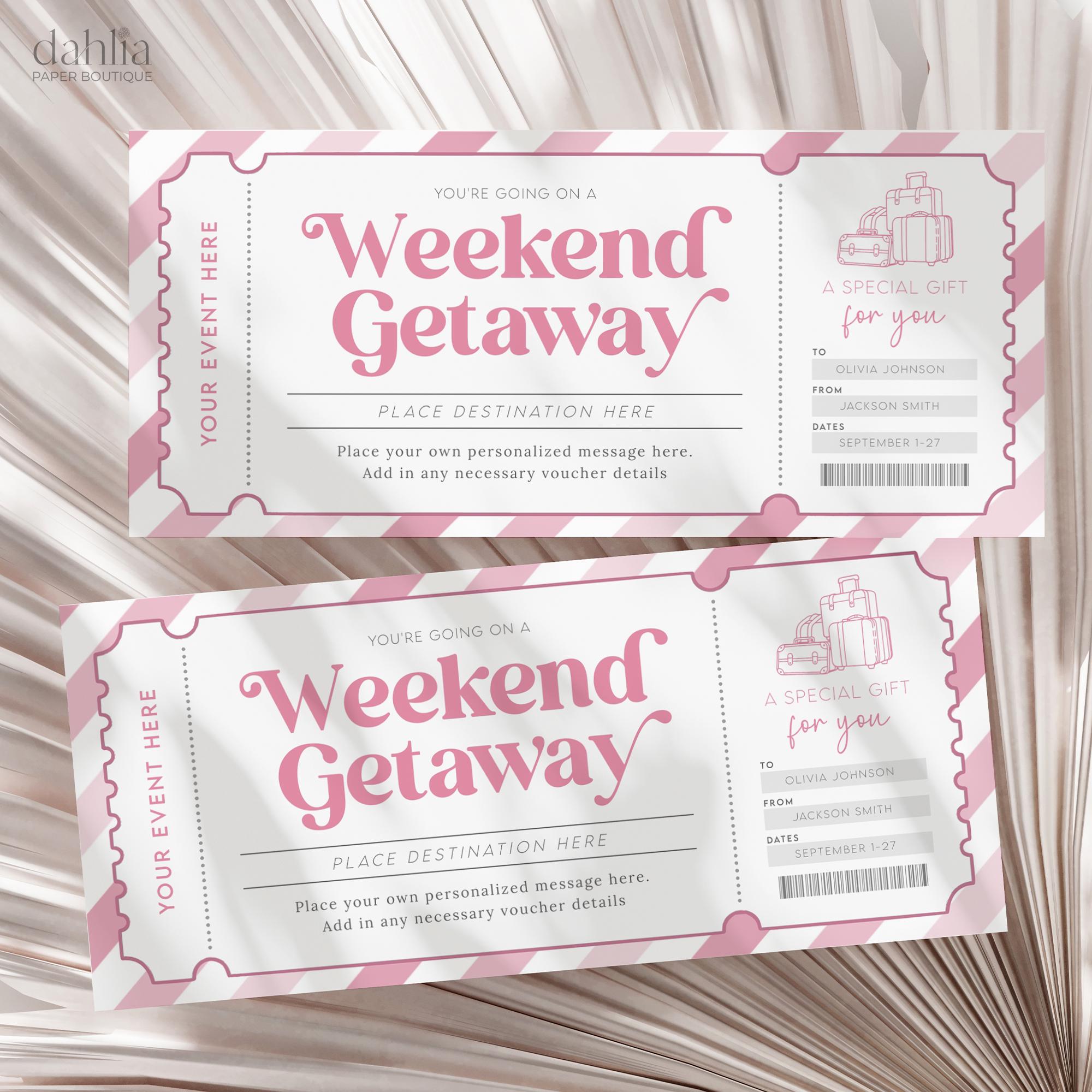 Weekend Getaway Gift Voucher, Editable Weekend Away Coupon Ticket ...