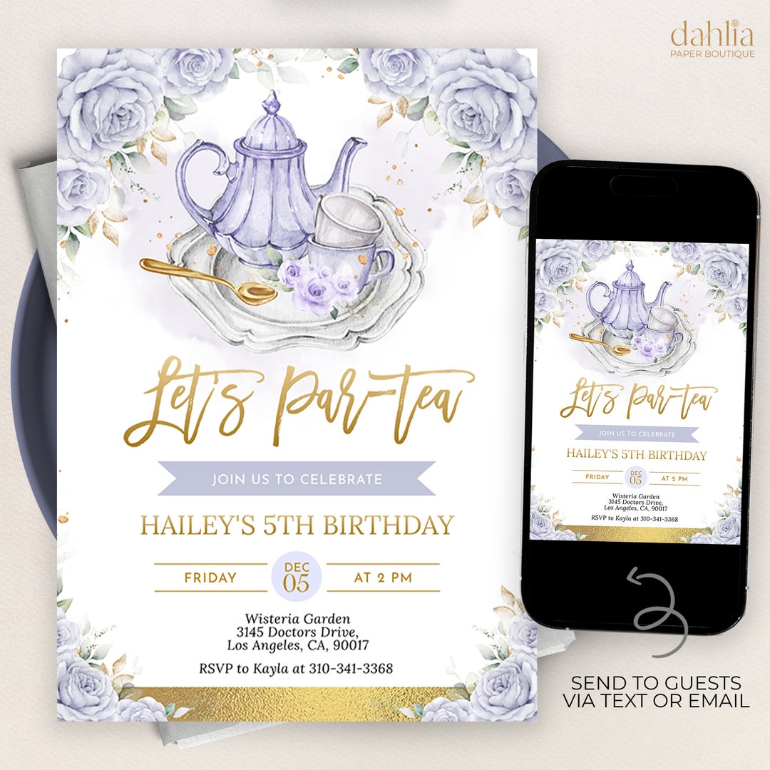 High Tea Party Birthday Invitation, EDITABLE Lilac Purple and Gold Par ...