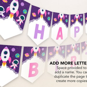 EDITABLE Space Happy Birthday Banner, Galaxy Birthday Banner, Girl Pink ...