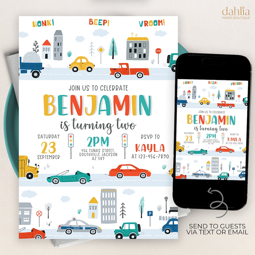 EDITABLE Car Birthday Invitation Template, Printable Transportation ...