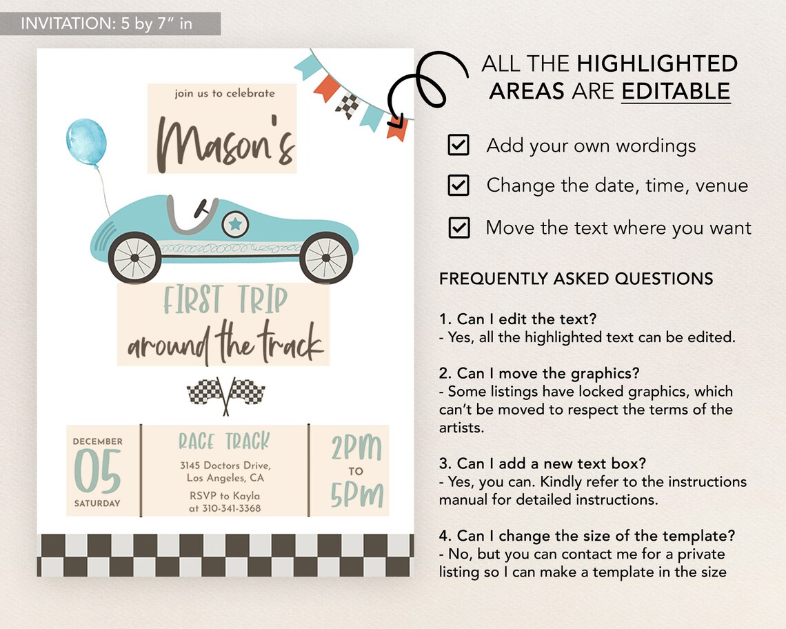 Blue Race Car First Birthday Invitation Template First Trip | Etsy