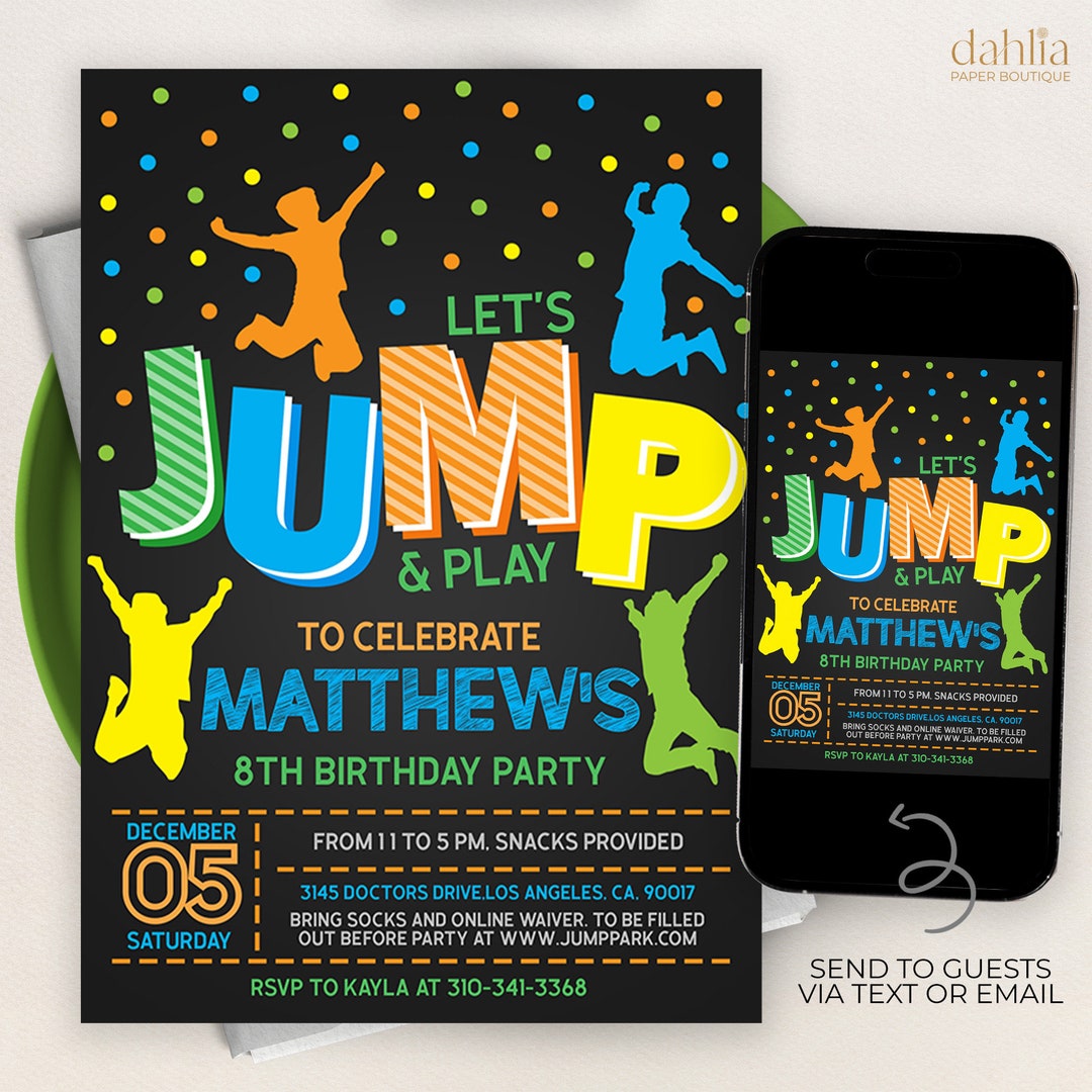Jump Invitation, Editable Jump Birthday Invite, Boys Trampoline Party ...