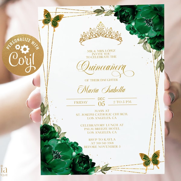 Emerald Green and Gold Quinceanera Invitation - Etsy