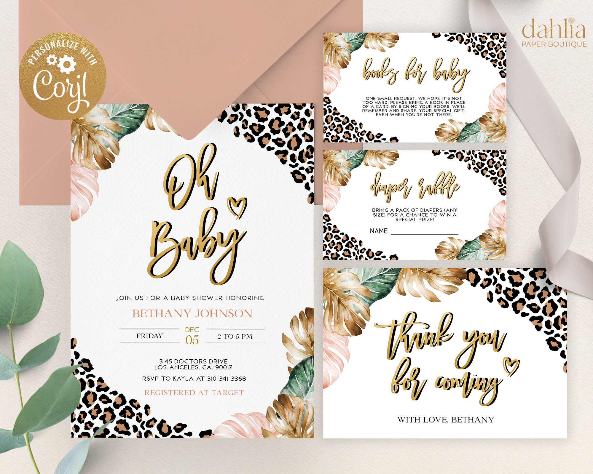 Leopard Baby Shower Invitation Set, EDITABLE Oh Baby Bundle, DIY Safari ...