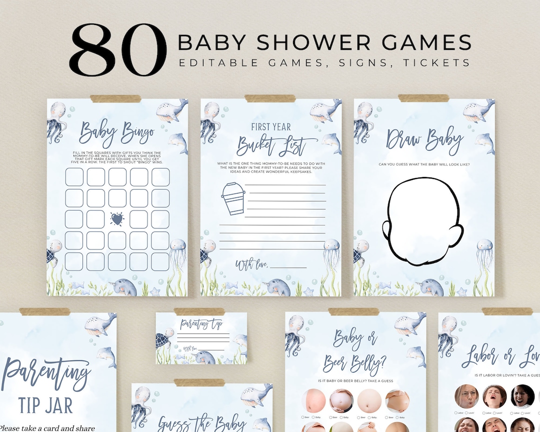 EDITABLE 80 Under the Sea Baby Shower Games, Ocean Animals Game Bundle ...