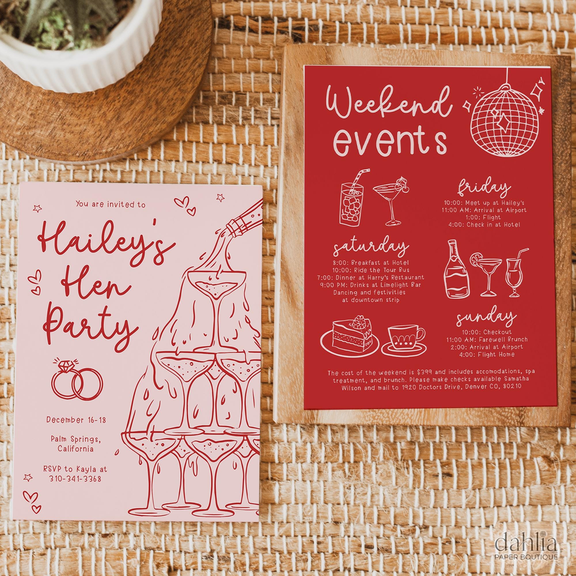 Hand Drawn Hen Party Invite & Itinerary Template, Editable Red Quirky ...