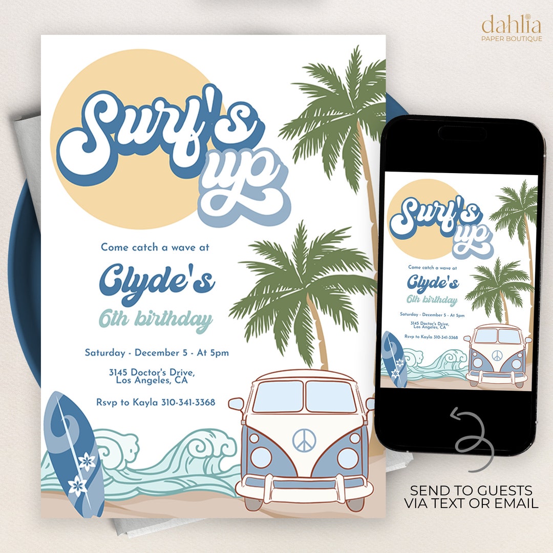Surf's up Invitation, EDITABLE Swimming Party Invite Template, Tropical ...