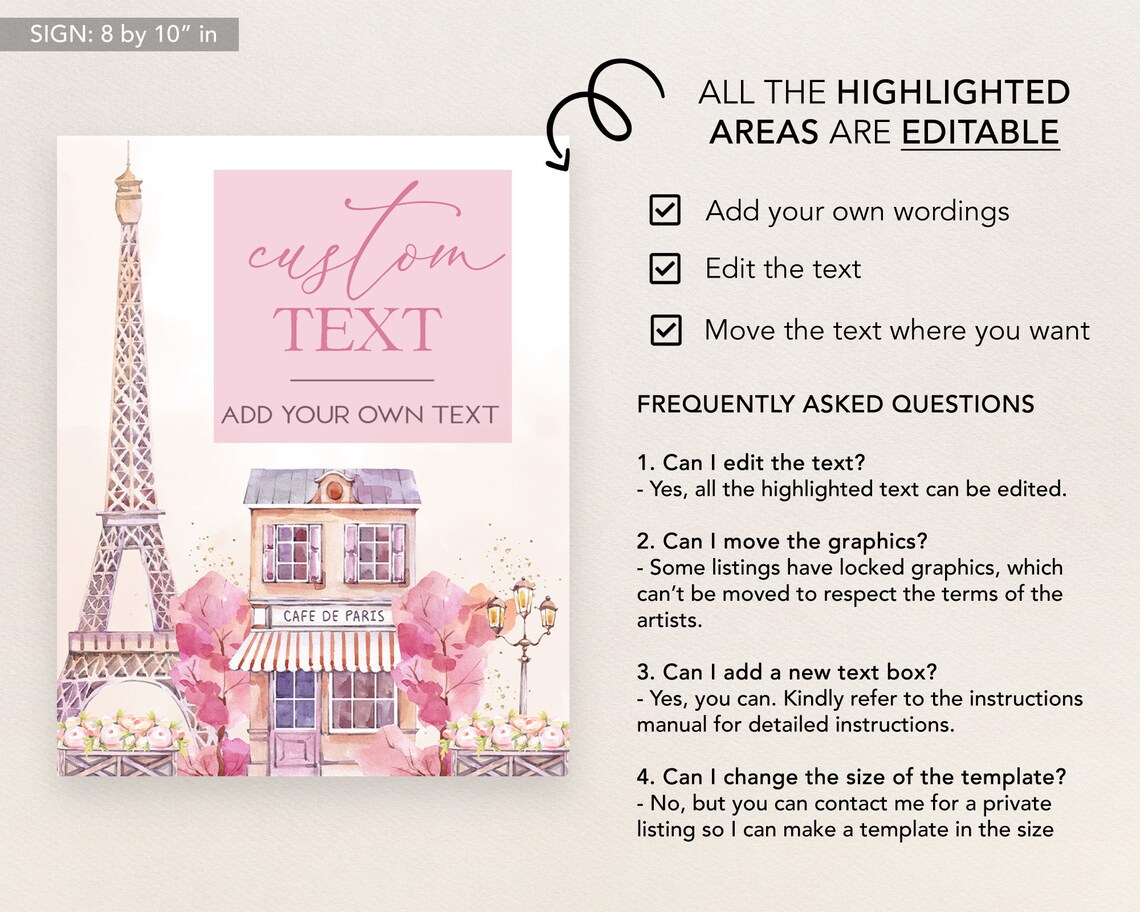 EDITABLE Paris First Birthday Custom Text Sign, Pink Parisian Cafe ...