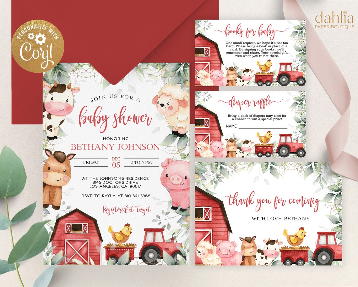 EDITABLE Farm Baby Shower Invitation Template Set Barn - Etsy