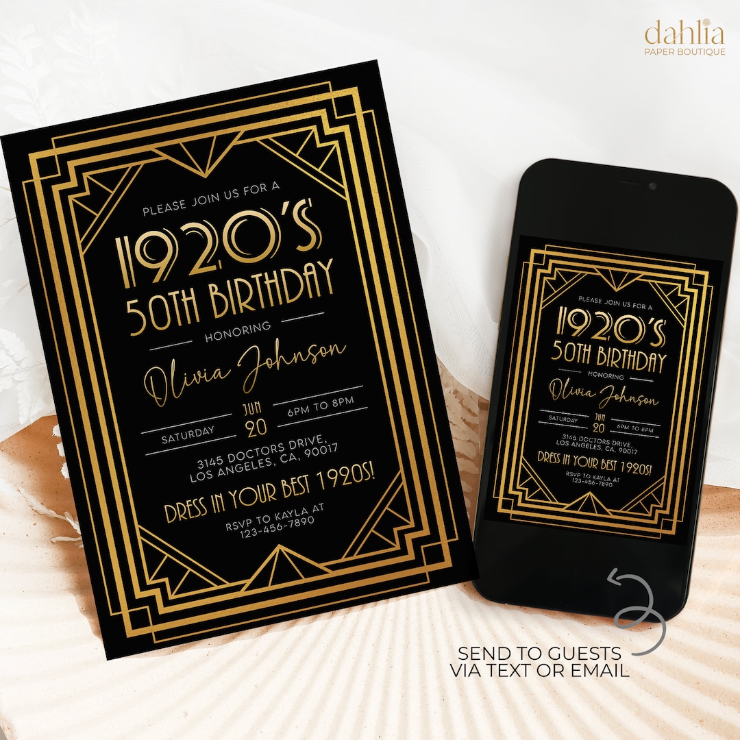 Editable 1920s Art Deco Birthday Invitation, 30th 40th 50th Birthday ...
