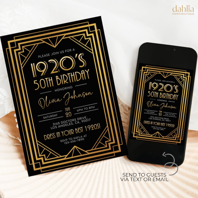 Editable 1920s Art Deco Birthday Invitation, 30th 40th 50th Birthday ...