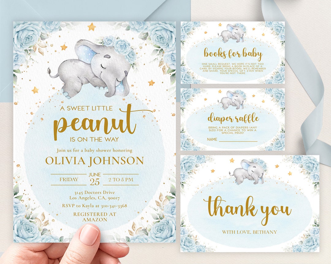 Pastel Blue Elephant Baby Shower Invitation Set, EDITABLE Sweet Little ...