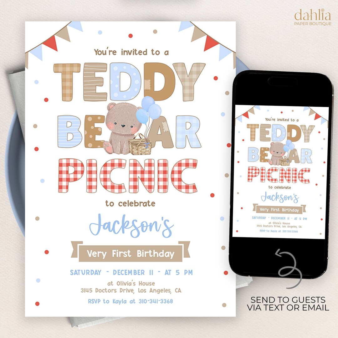Teddy Bear Picnic First Birthday Invitation, EDITABLE Kids 1st Invite ...