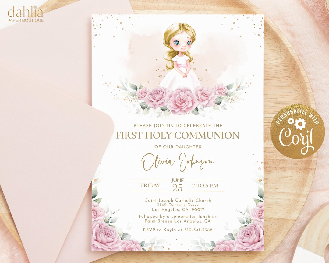EDITABLE First Holy Communion Invitation, Blush Pink Floral Religious ...