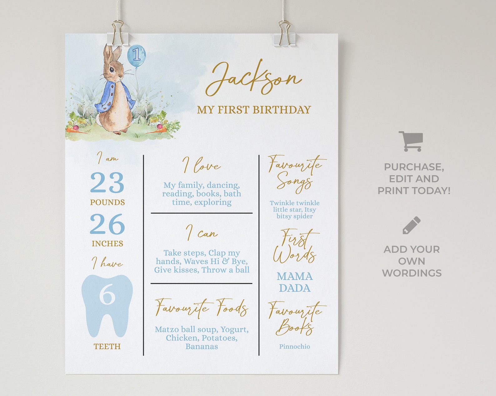 Peter Rabbit First Birthday Milestone Poster EDITABLE - Etsy