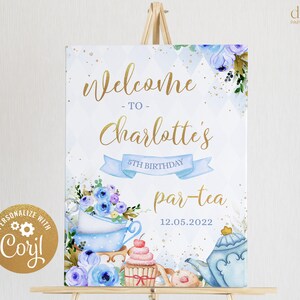 EDITABLE Tea Party Birthday Welcome Sign Blue & Gold Par-tea - Etsy